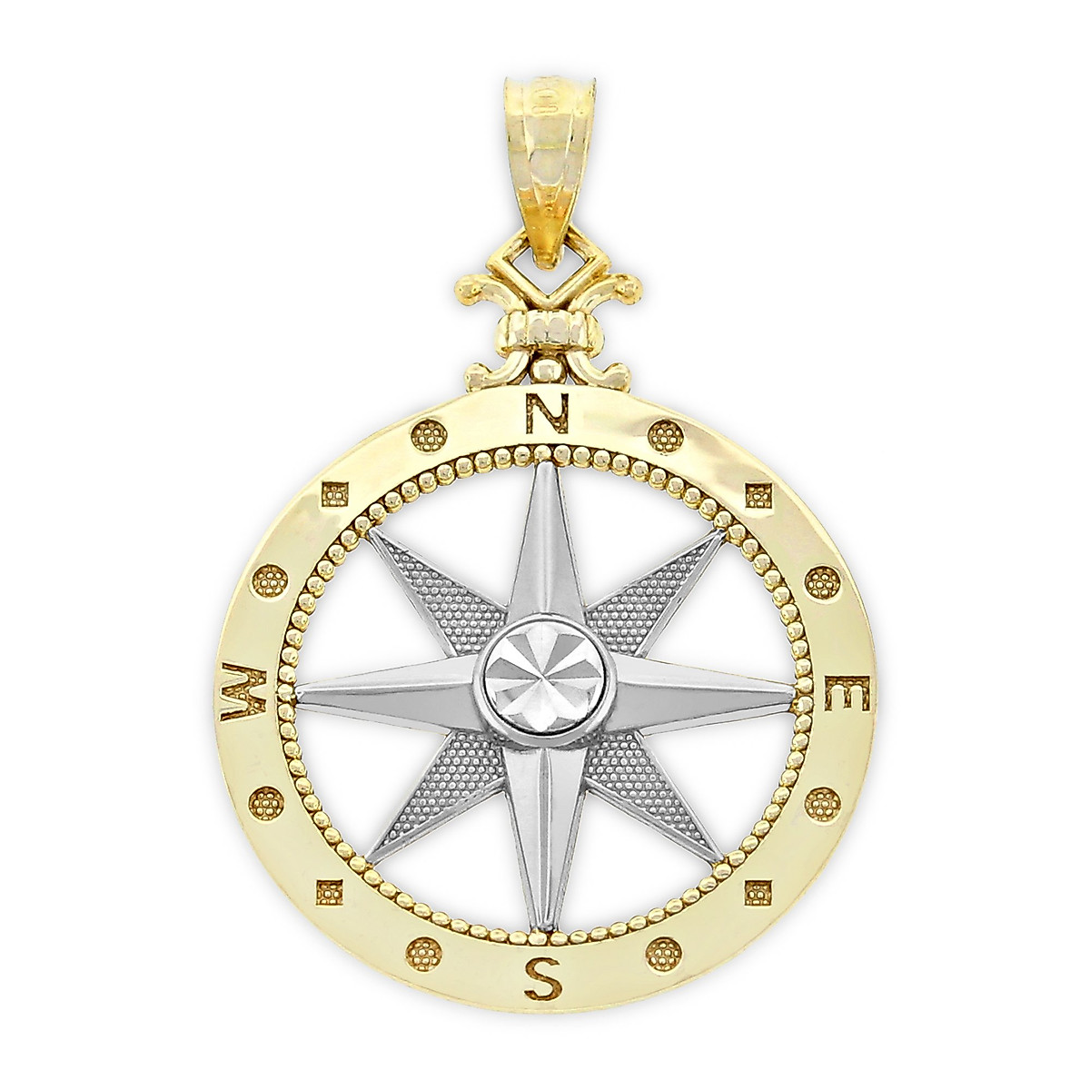 Charm America - Gold Two-Tone Compass Charm - 10 Karat Solid Gold - Nautical Jewelry Pendant (Large)