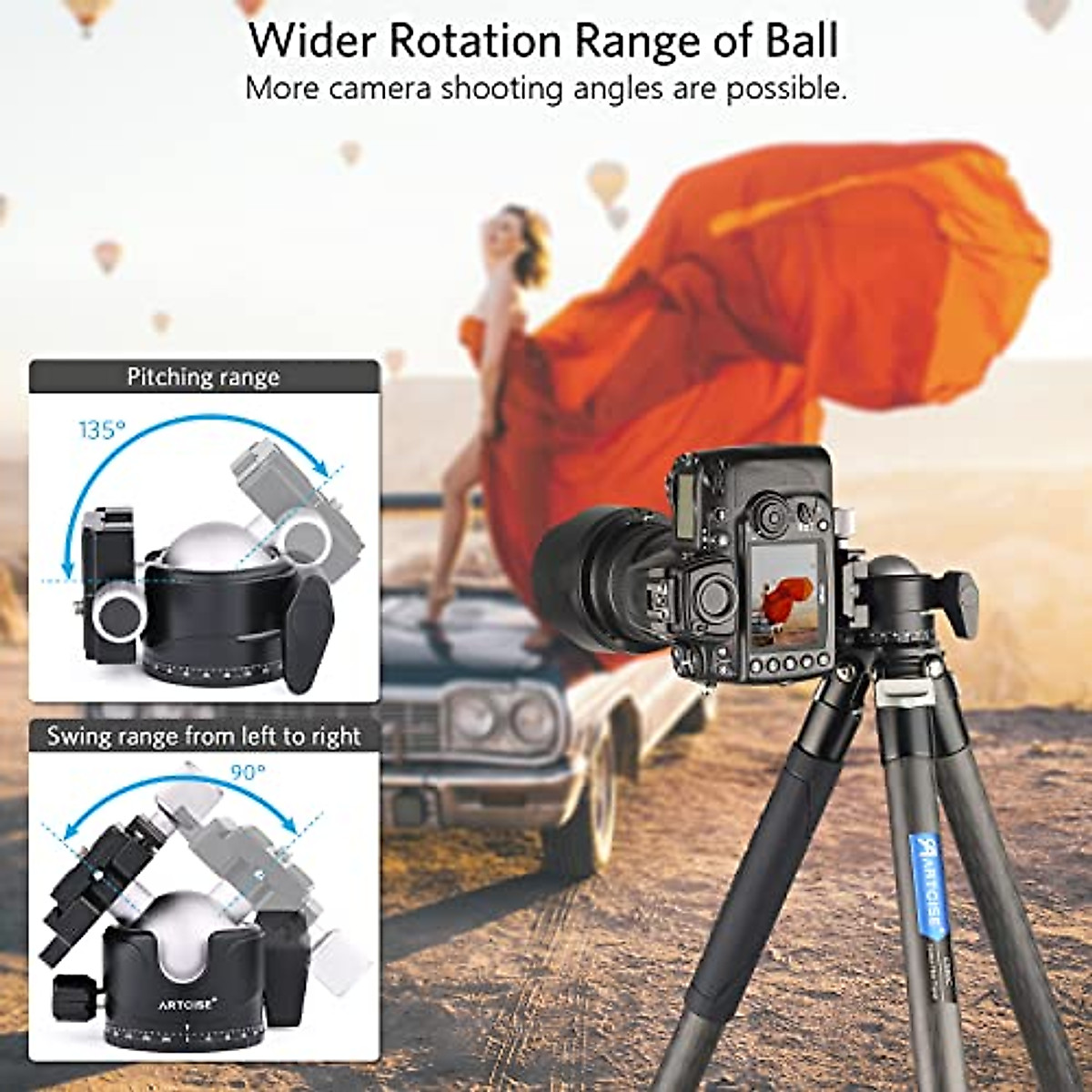 46mm Low Profile Tripod Head with 3 Screw Adapter 3/8 to 1/4 Professional Aluminium 360 Rotating Panoramic Ball Head Max Loading 44lbs/20kg