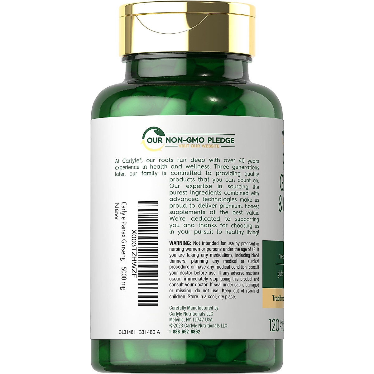 Carlyle Panax Ginseng + Ginkgo Biloba | 120 Vegetarian Capsules | 5,000mg | Vegetarian, Non-GMO, and Gluten Free Supplement