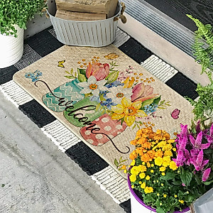 Artoid Mode Butterfly Daisy Flower Vase Welcome Decorative Doormat, Seasonal Low-Profile Rug Switch Mat for Indoor Outdoor 17x29 Inch