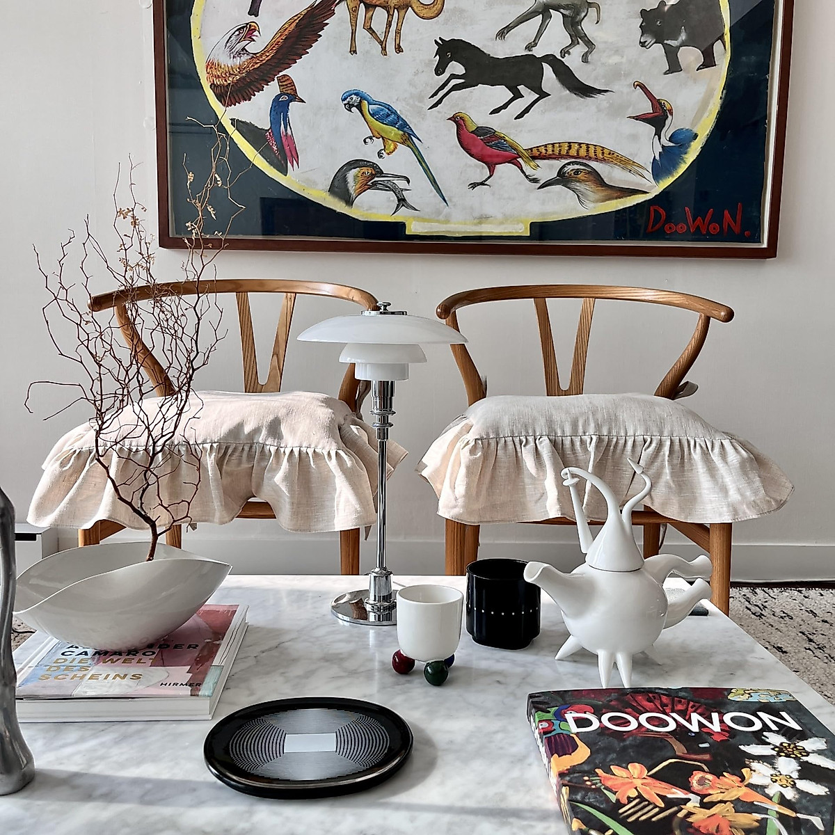 cozymomdeco Korean Made Chair Pad Slipcover Chair Cushion Cover Ties with Ruffle Farmhouse Decor No Cushion Insert, (Solid Beige)