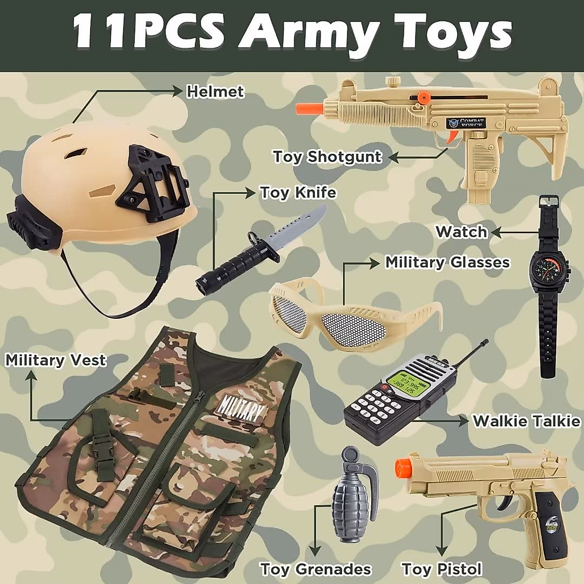 deAO Army Costume for Boys, Military Soldier Gear Accessories with Uniform Helmet and Storage Backpack Halloween Army Combat Costume Police Set Dress Up Toys for Kids Girls