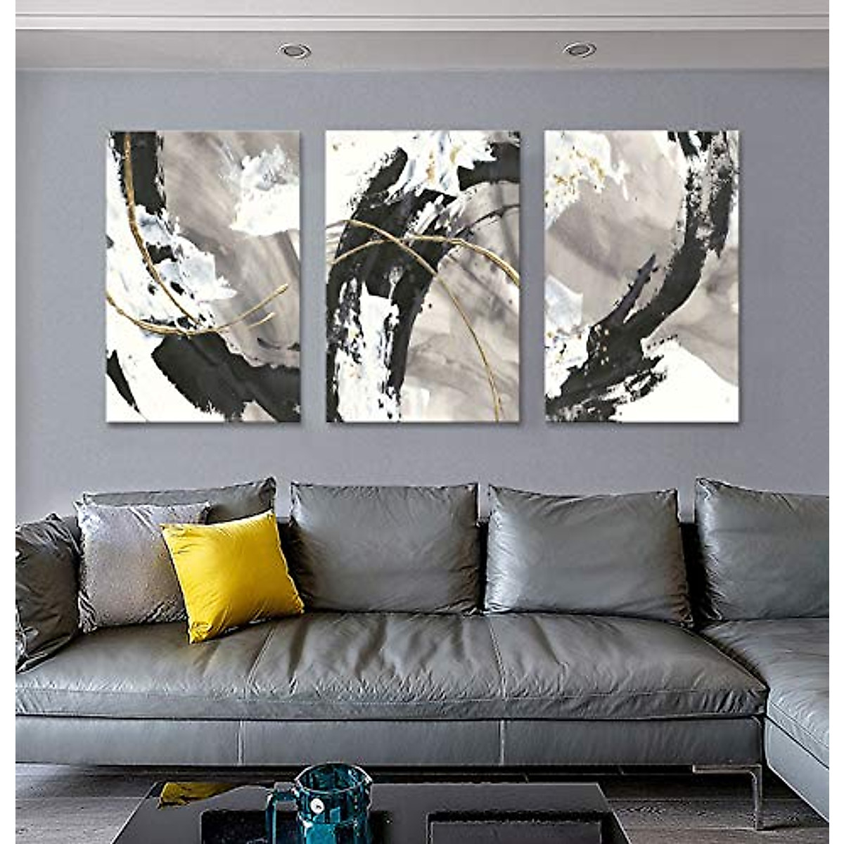 Black and White Canvas Art Wall Decor for Living Room Framed Abstract 3 Piece Gold Gray Print Painting Modern Artwork 16x24in x3