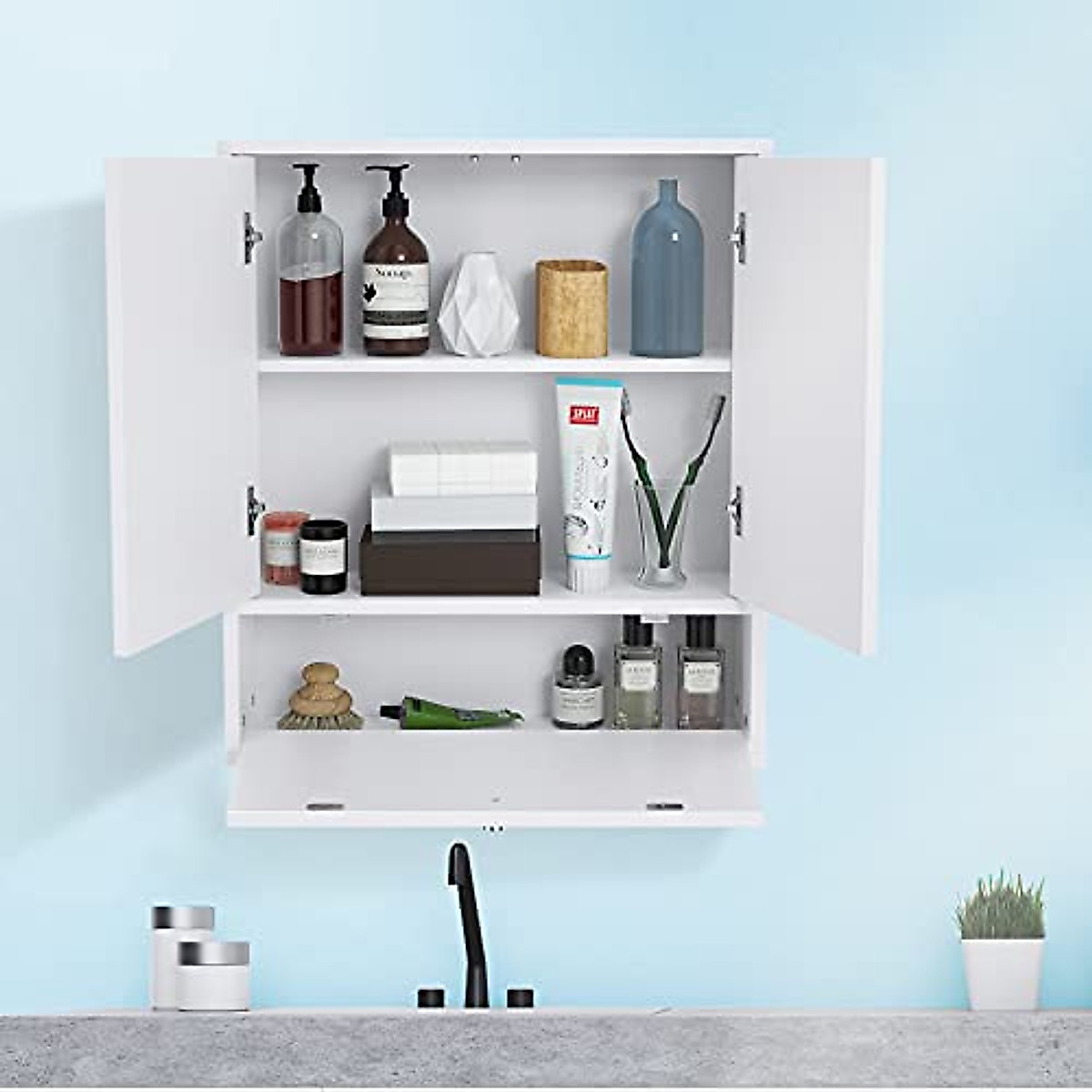 GLACER Wall Mounted Storage Cabinet, Bathroom Medicine Cabinet with Double Mirrored Doors and Adjustable Shelf, Ideal for Bathroom, Living Room, Cloakroom, 21.5 x 5.5 x 24.5 inches (White)
