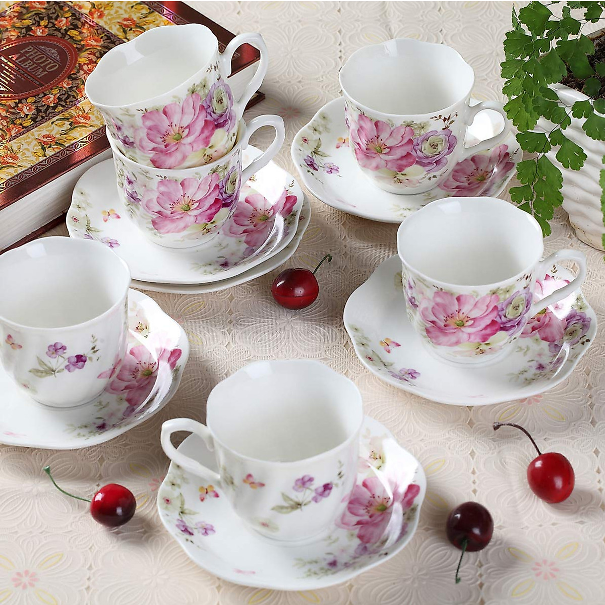 GuangYang GY 12 PCS Tea Set - 7oz New Bone China tea Cups and Saucers with Pink Flower Pattern Porcelain Cups for Mocha Cappuccino Tea and coffee