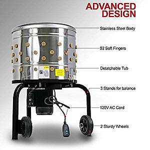 Kitchener Chicken Plucker De-Feather Remover Poultry and Fowl Food Processor Electric Stainless Steel Heavy Duty 1HP 120VAC 280RPM GFCI Connector 92 Soft Fingers 20" Drum Diameter