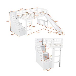 Harper & Bright Designs Twin Size Loft Bed with Slide and Stairway, Wooden Low Loft Bed with Storage for Kids Girls Boys (White)
