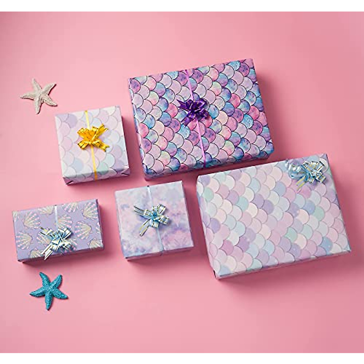 Birthday Wrapping Paper for Girls Women Kids Baby Shower Shining Mermaid Scale Scallop Pink Galaxy 4 Style Gift Wrap Paper for Graduation Wedding Anniversary 12 Folded Sheets 20.5 * 28.7 inch