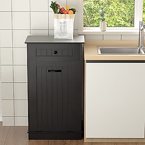 Visiblesser 10 Gallons Tilt Out Trash Bin Cabinet, Wooden Garbage Can Cabinet for Kitchen, Tilt Out Laundry Hamper Cabinet, Dog Proof Trash Cabinet Can Free Standing Holder, Black