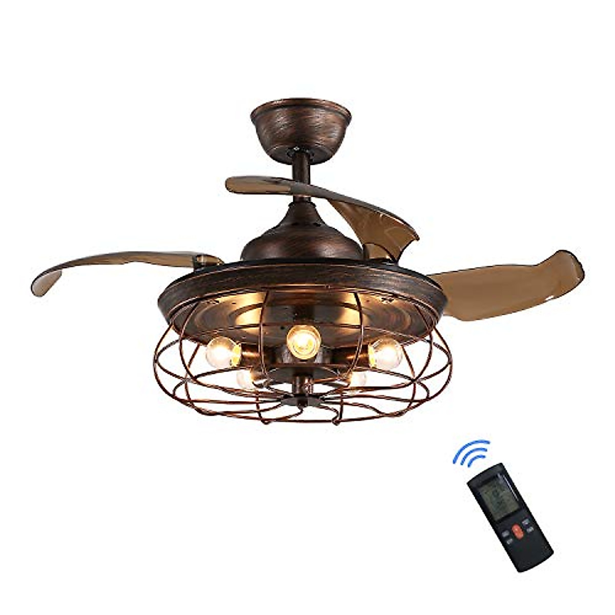 36" Industrial Reverse Ceiling Fan with Lights, Siljoy Vintage Rusty Cage Chandelier Fan Retractable Blades Fandelier with Remote Control for Farmhouse Dining Room Bedroom, 5 E26 Bulbs Not Included