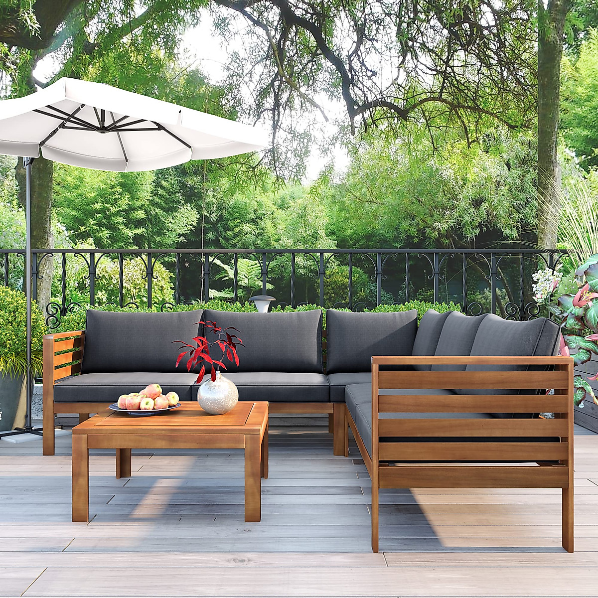 Outdoor Patio Furniture Sofa Set, 4 Piece Outdoor Conversation Sofa Set Wooden Sectional Sofa Set with Seat Cushions and Wooden Coffee Table, Cushioned Sofa Set for Outdoor Indoor