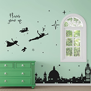 Runtoo Never Grow Up Nursery Wall Decals Quotes Big Ben Cityscape Wall Stickers for Kids Room Baby Bedroom Wall Decor