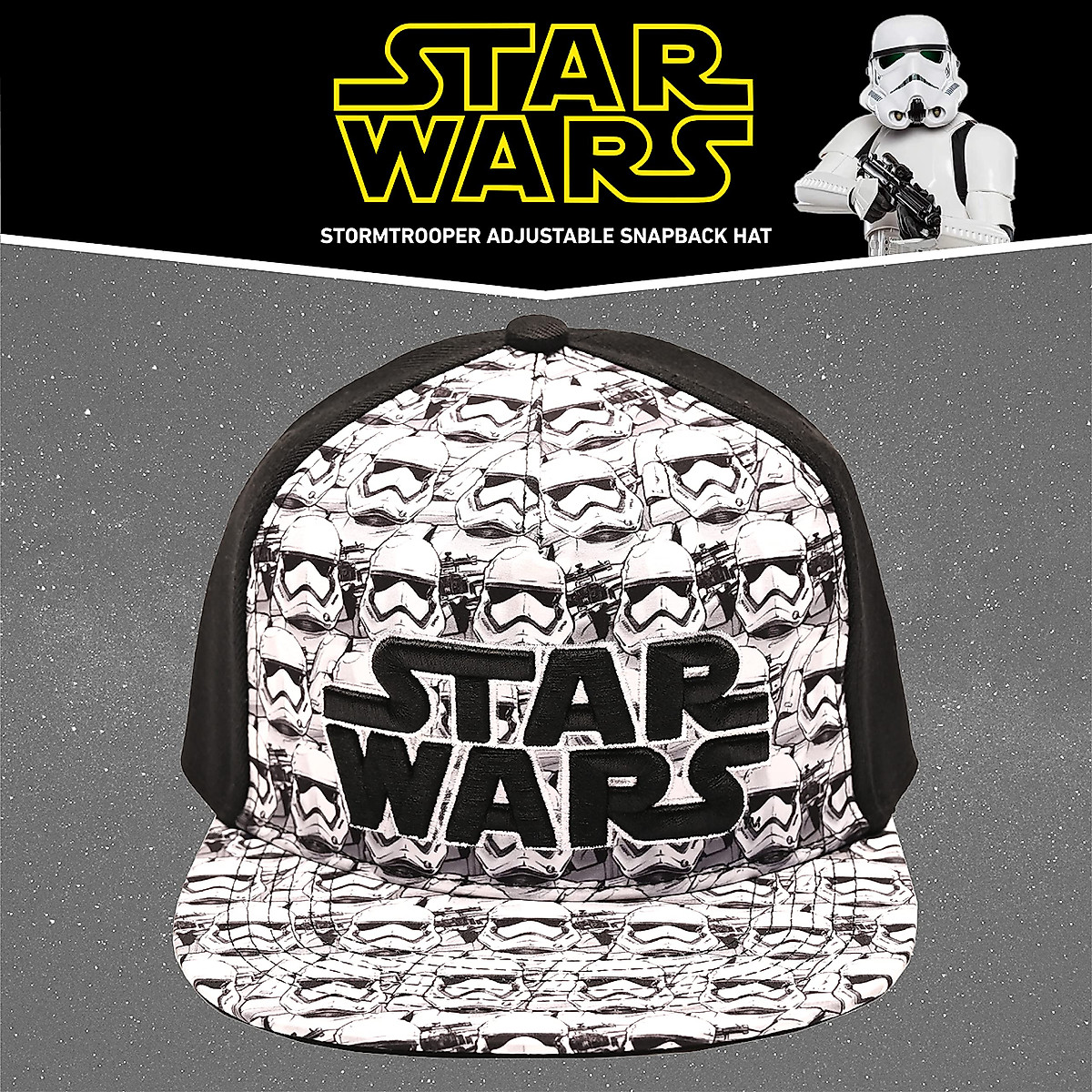 Disney mens Star Wars Embroidered Logo and Stormtrooper All Over Adjustable Snapback Baseball Hat with Flat Brim Black White One Size, Black, One Size US