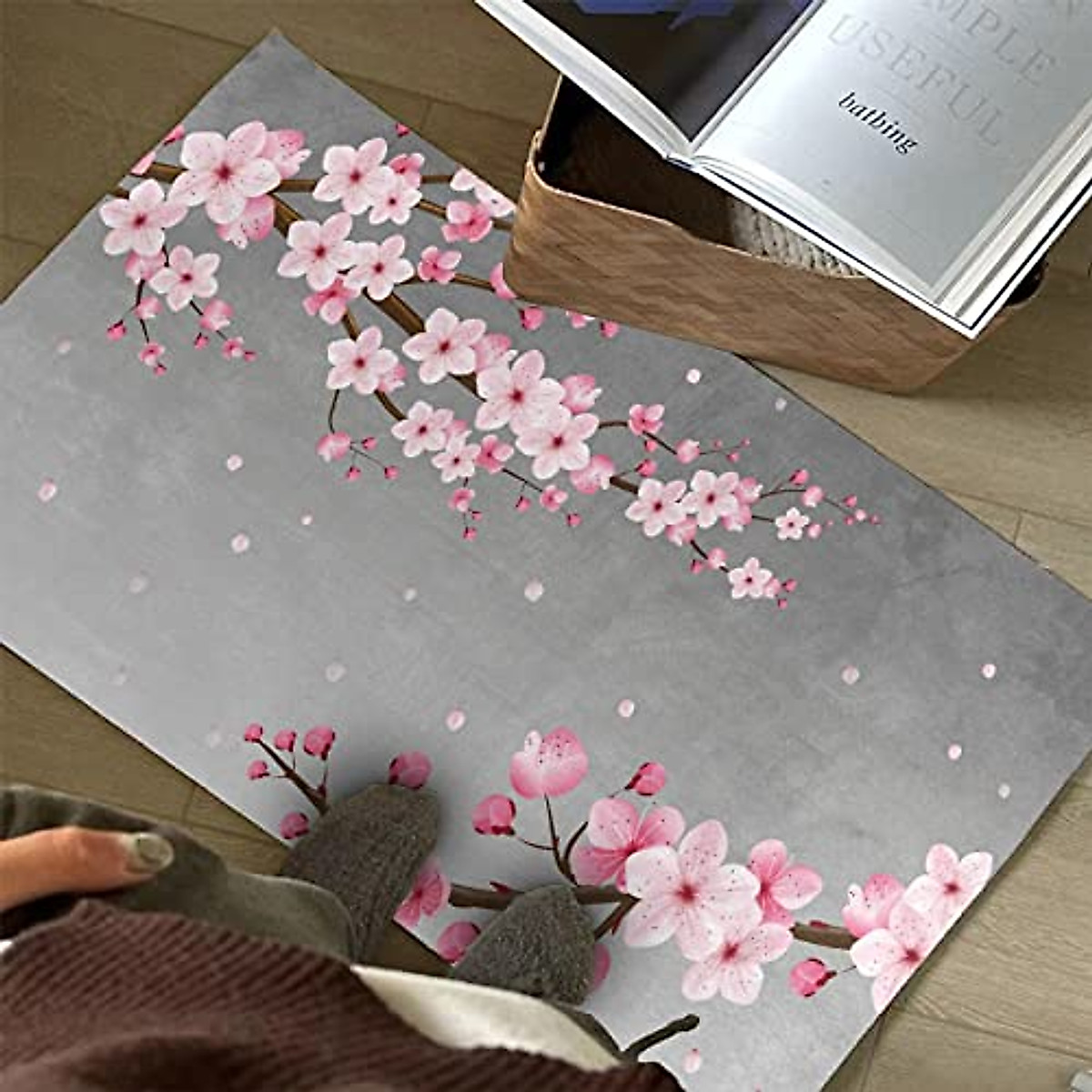 Oueoty Japanese Cherry Blossom Flower on Gray Area Rug Rugs for Living Room Bedroom 5x7ft