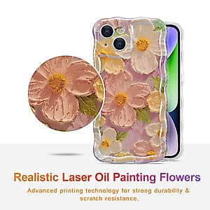 EYZUTAK Case for iPhone 13, Colorful Retro Oil Painting Printed Flower Laser Beam Glossy Pattern Cute Curly Waves Border Exquisite Phone Cover Stylish Durable TPU Protective Case for Girls Women -Pink