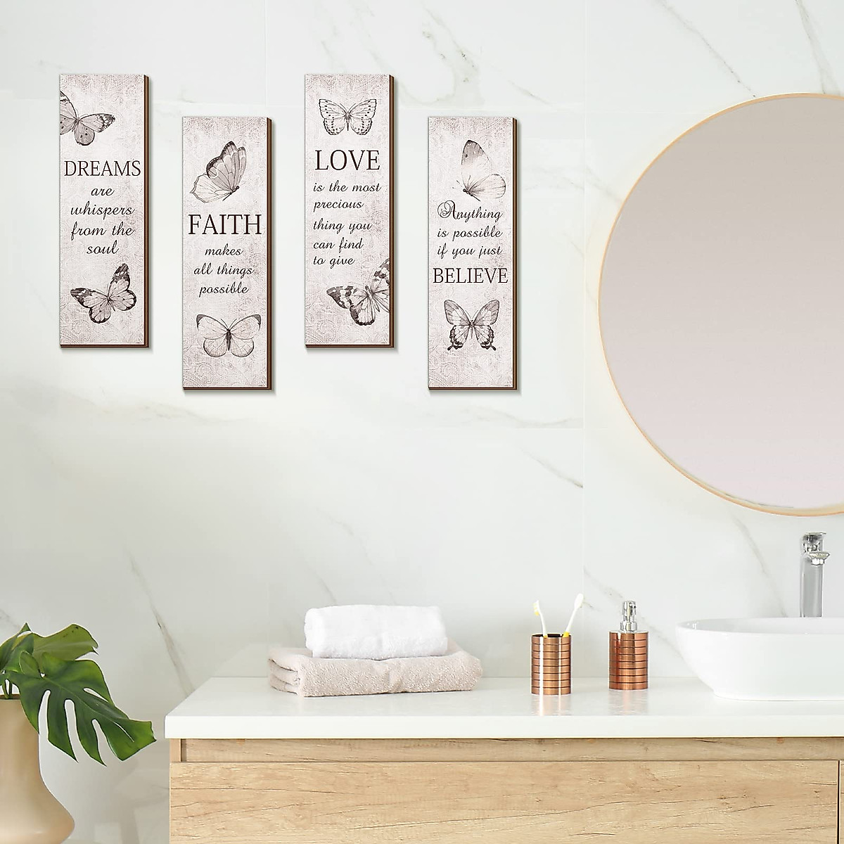 Qunclay 4 Pcs Butterfly Inspirational Quote Wooden Sign Love Faith Believe Dream Wall Decor Wood Flower Room Rustic Encouragement Signs for Home Decor Wall Bathroom(11 x 4 Inch)