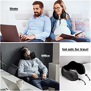 Travel Pillow 100% Pure Memory Foam Neck Pillow, Breathable & Machine Washable Cover, Neck Support Pillow with 3D Contoured Eye Mask, Earplugs & Portable Bag for Airplane Travel (Black)