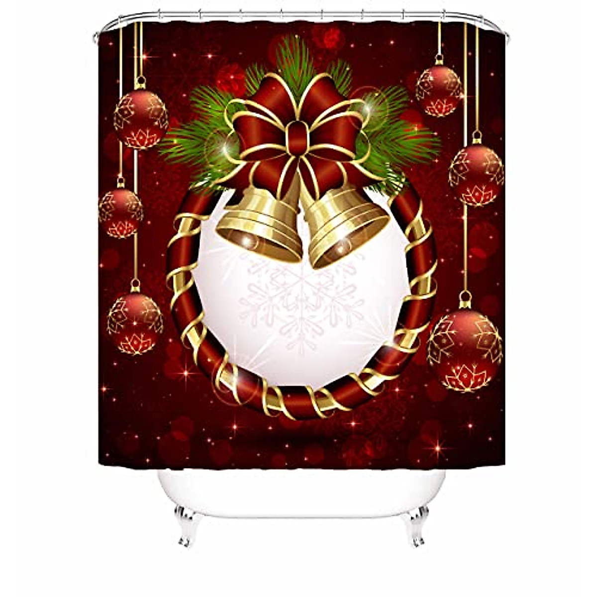 4 Pcs Christmas Bells Shower Curtain Sets with Non-Slip Rug, Toilet Lid Cover and Bath Mat Red Bows Snowflakes Shower Curtains with 12 Hooks Waterproof Decorative Bath Curtains-red