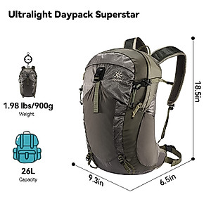 KAILAS Hurricane 20L 26L Hiking Backpack Lightweight Trekking Daypack Small Backpacks for Traveling Camping Outdoor Dull Green 26L