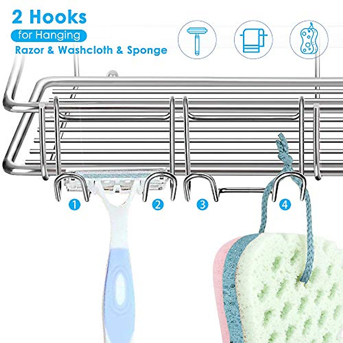 Nieifi Shower Caddy Shelf Storage Rack Adhesive Without Drilling Stainless Steel with Hooks for Washroom, Lavatory, Restroom, Toilet, Bathroom, Kitchen - 2 Pack