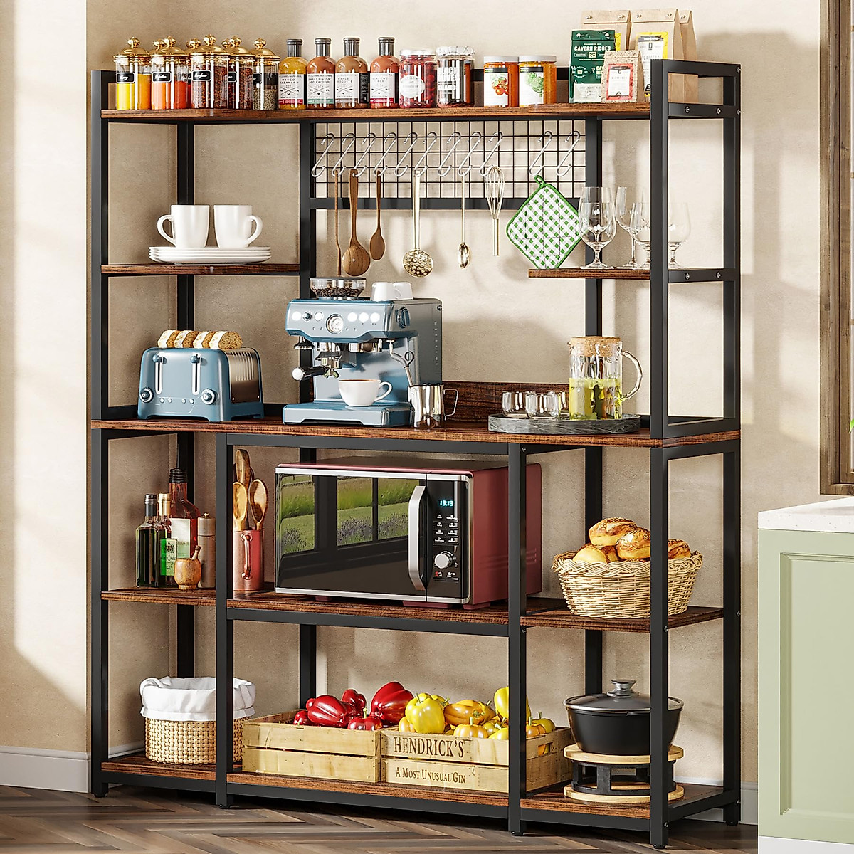 Tribesigns Large Bakers Rack, 55" Wide Kitchen Hutch Cabinet Microwave Stand with 11 Hooks, 5-Tier Baker’s Rack Kitchen Storage Shelf Rack with Hutch, Rustic Brown