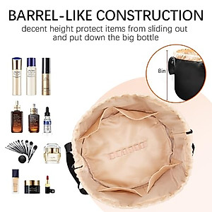 rlokosfb Large Drawstring Makeup Organizer,Lay Barrel Makeup Bag Leather Cosmetic Bag Toiletry Bag for Travel,Portable Waterproof Make Up Bags for Women Brush Toiletries Accessories (Black Large)