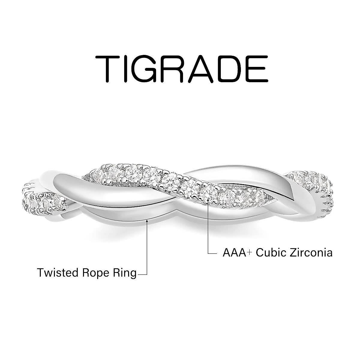 TIGRADE Women Eternity Ring Twisted Rope Cubic Zirconia Engagement Wedding Band Size 4-12, Silver, Size 7.5