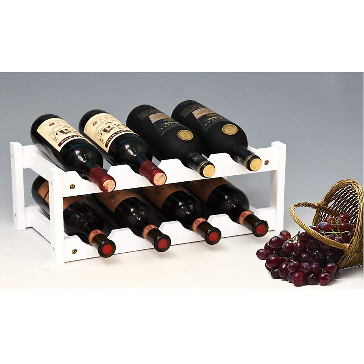 Kework 8 Bottles Wine Rack, 2 Tier Bamboo Wine Display Rack, Tabletop Wine Rack, Desktop Countertop Free Standing Wine Storage Shelf (8-Bottle & White)