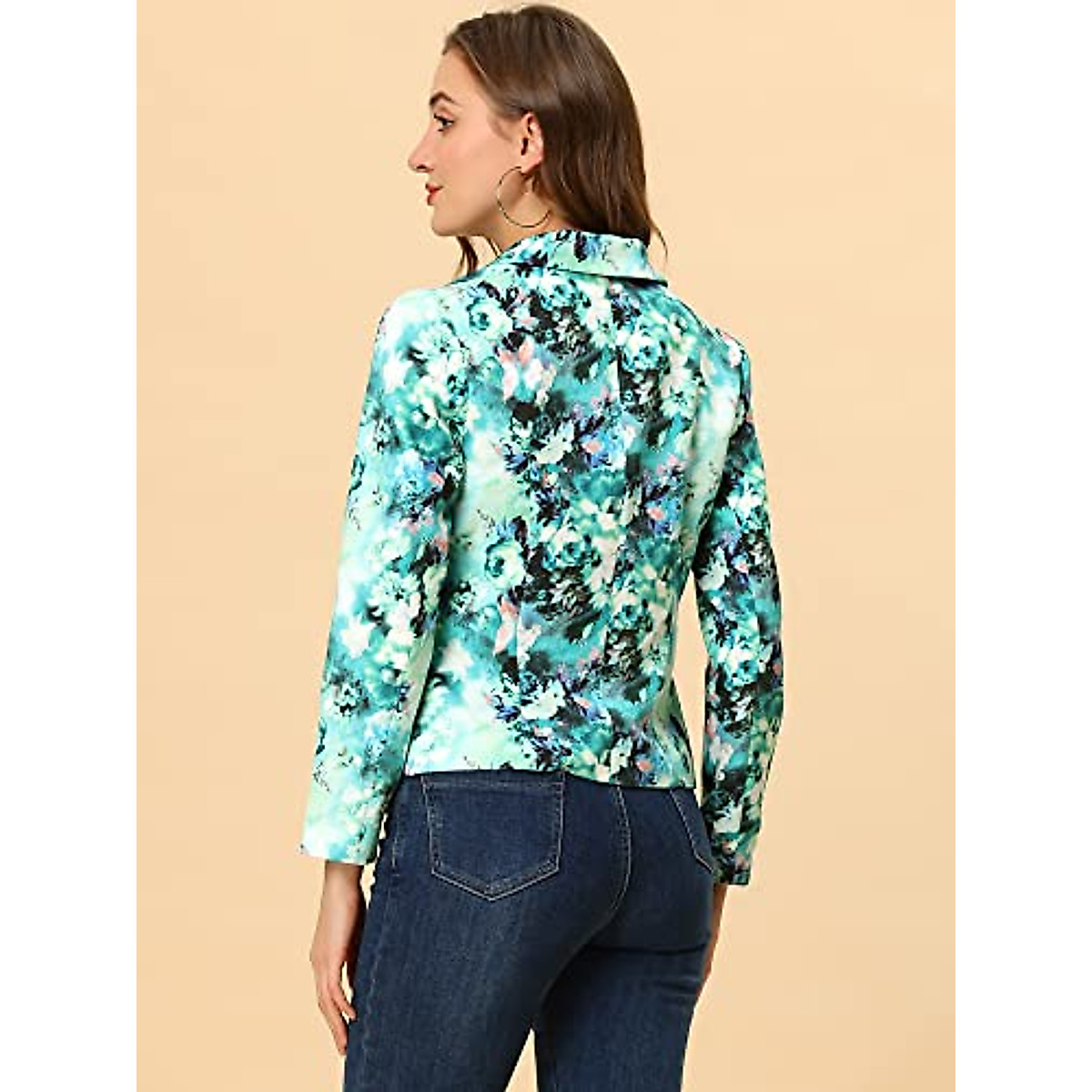 Allegra K Women's Open Front Notch Lapel Printed Business Casual Suit Blazer Jacket Small Green-Flower