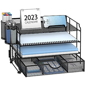 DALTACK 4-Trays Desktop File Organizer with Pen Holder，Letter Tray Paper Organizer with Drawer and Pen Holders, Black Mesh Office Supplies File Holder，Desk Organizer for Office School Home