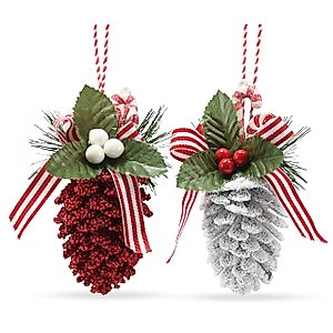 Ornativity Red and White Ornaments - Glitter Red and White Coated Pinecone Xmas Ornament with Realistic Holly Leaf and Red Cranberry Berries with Candy String Christmas Tree Decoration Set -Pack of 10