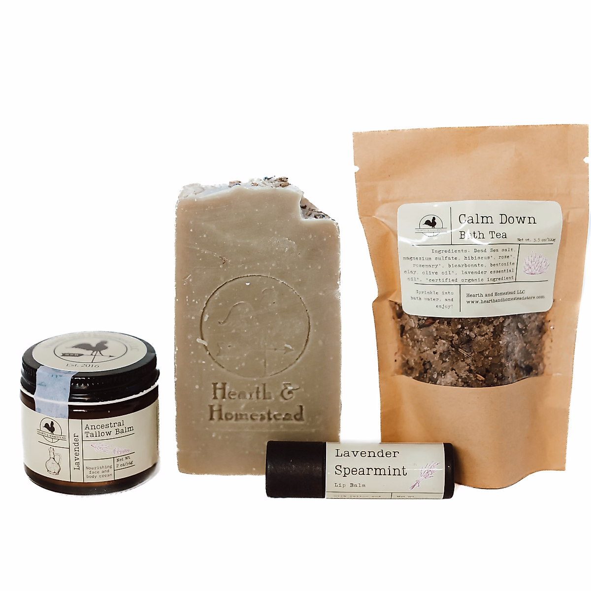 Hearth and Homestead: Calm Down Lavender Gift Set: Handmade and Organic Tallow Balm, Lip Balm, Olive oil Soap, Magnesium Bath Tea Soak