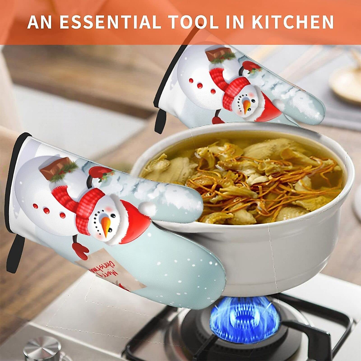 2 Piece Set Oven Mitts, Winter Snowman Cartoon Style Merry Christmas Baking Glove for Cooking BBQ