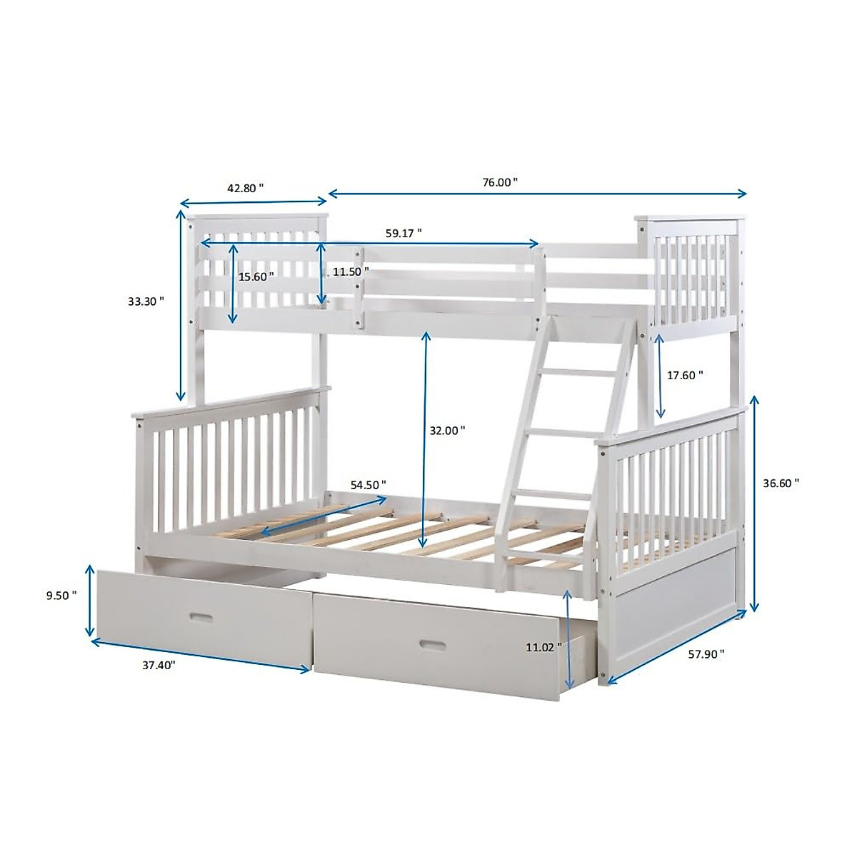 DS-HOMEPORT Twin Over Full Bunk Bed with Two Storage Drawers, Wooden Bunk Beds Frame w/Safety Guardrail ＆ Ladder, Soild Wood Space-Saving Bunkbed for Bedroom Kids Teens Adults(White)