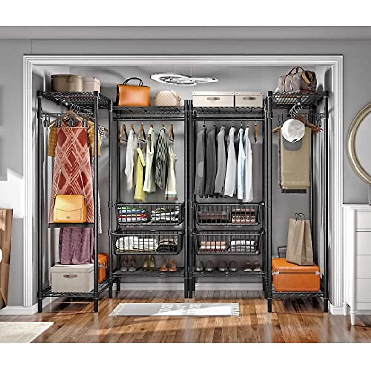 VIPEK L9 Heavy Duty Clothing Rack L Shape Garment Rack Standing Closet Rack for Hanging Clothes, Adjustable Corner Clothes Rack with Shelves Modern Metal Wardrobe with Baskets, Max Load 580LBS, Black