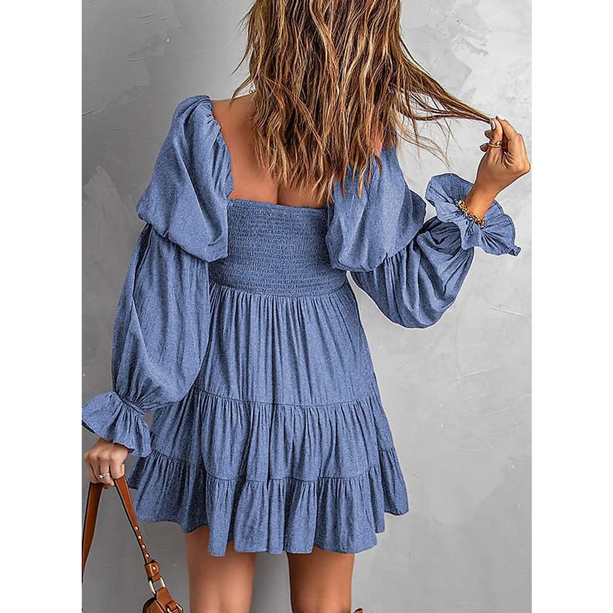 Dokotoo Women Cute Summer Spring 2025 Sexy Off The Shoulder Square V Neck Long Sleeve Babydoll Mini Short Dress Ruffle Smocked Easter A-Line Short Birthday Dresses for Women Casual 2024 Blue Small