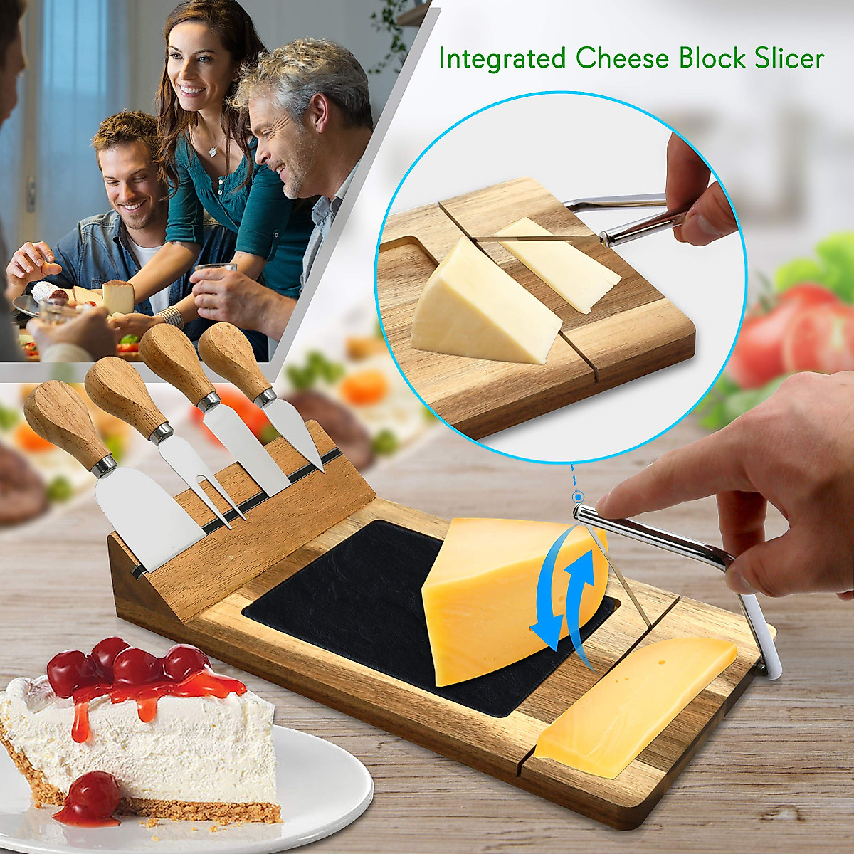 NutriChef Slicing Bamboo Cheese Board Platter - 4 Stainless Steel Knives and Magnet Holder - Modern Wood Snack Serving Tray w/Stone Slate Slab - Slicer Blade for Cutting - PKCZBD50.5
