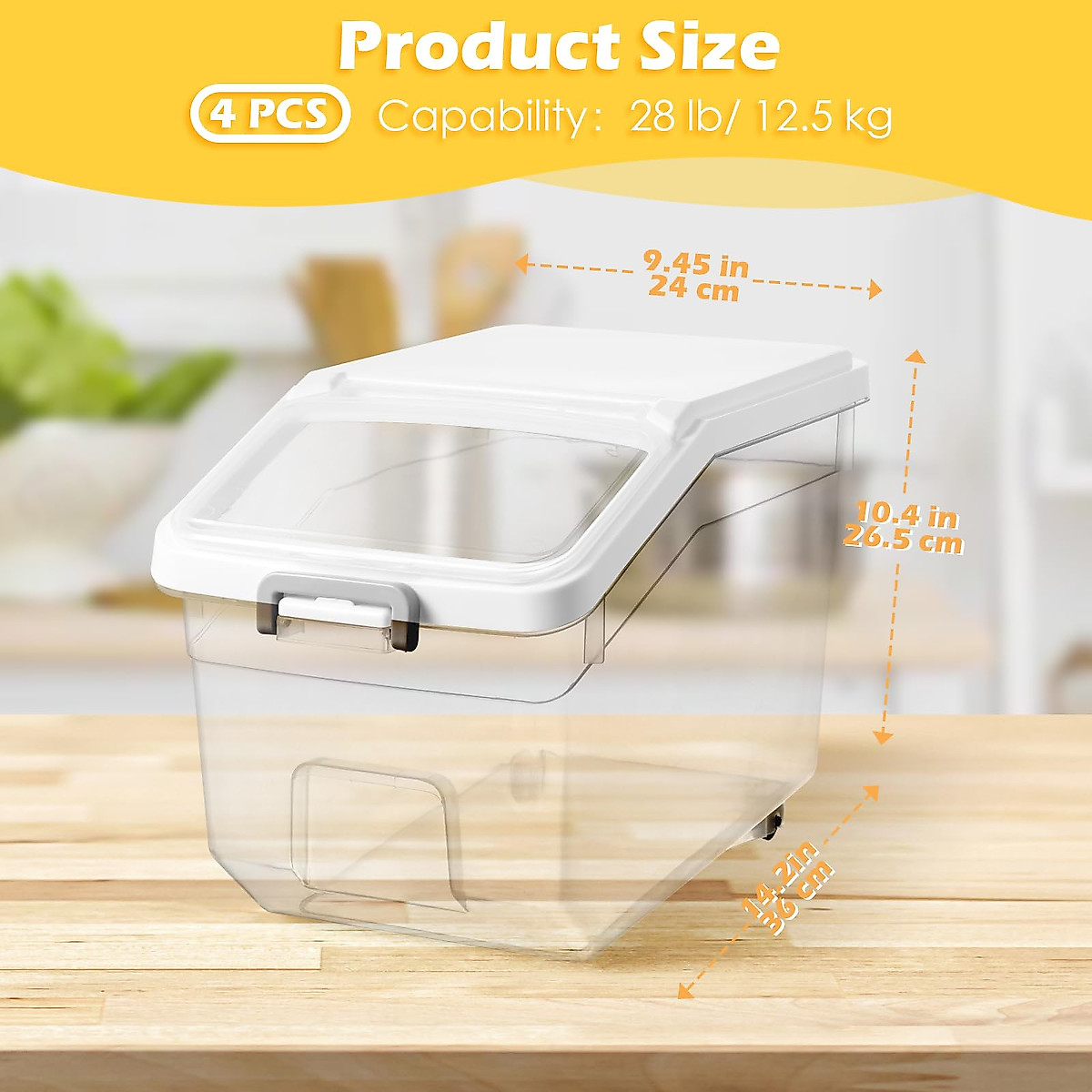 Sunnyray 4 Pcs Rice Storage Container 28 lb Airtight Flour Container with Wheels Measuring Cup Clear Pet Food Cube Dog Birds Cat Food Bin Grain Cereal Organizer Box for Dry Baking Supplies