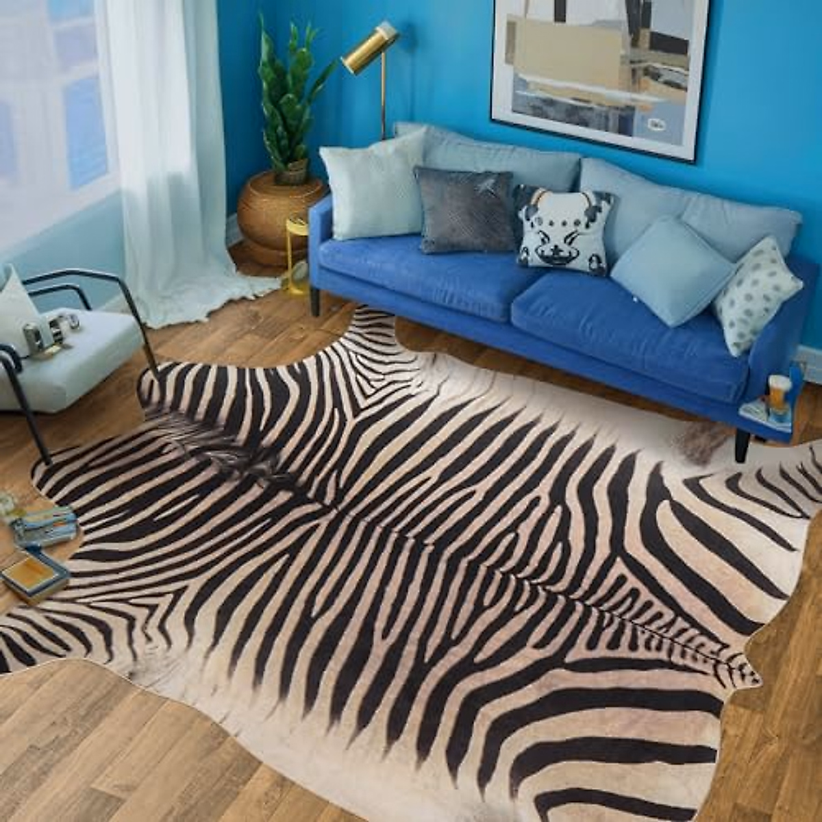GUZAREUU Zebra Rug 7.6x6.2 ft Zebra Print Rug Funky Area Rug for Living Room Bedroom, Non-Slip Durable Faux Cowhide Rug No Fur