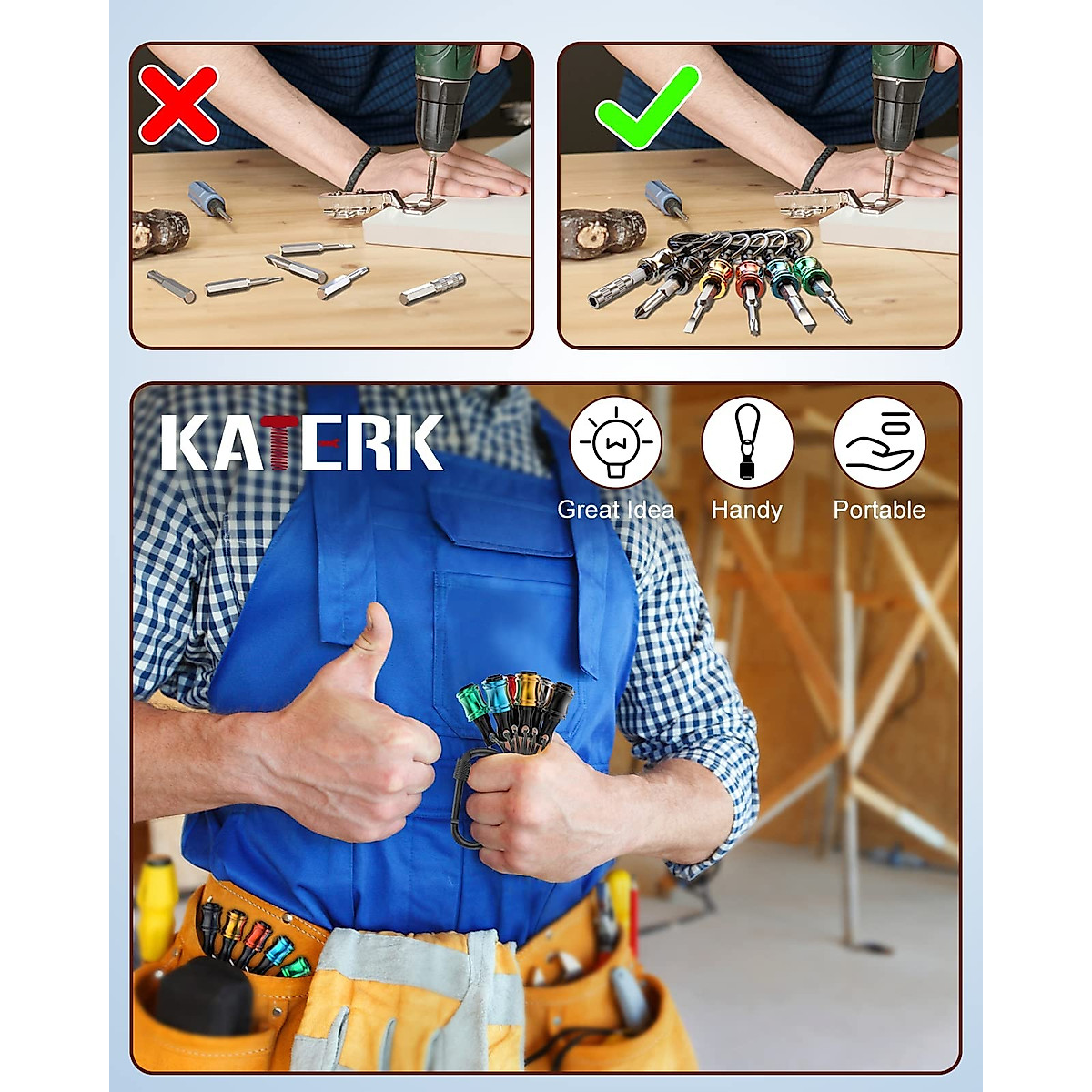 12pc Portable Bit holder Keychain, 1/4in Hex Shank Screwdriver Bit Clip for Impact Driver Flexible Drill Bit Extension Nut Driver W/Black Carabiner, Quick Release Lightweight Drill Screw Adapter