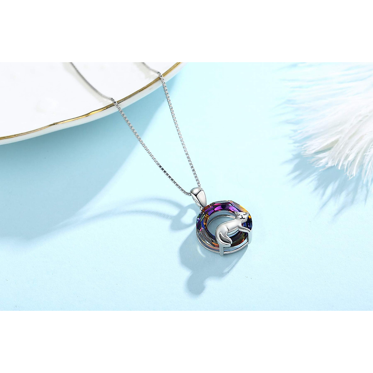 JUSTKIDSTOY Cat Necklace 925 Sterling Silver Cute Animal Pendant Necklace with Crystal Cat Jewelry Gifts for Women Cat Lovers