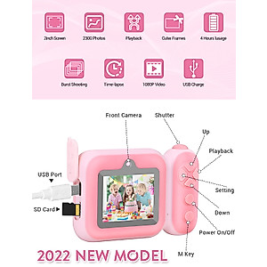 omzer Kids Camera 1080P Selfie Mini Camera, HD Digital Video Camera for Toddlers, Video Recorder Toys for Kids, Christmas Birthday Gifts for Age 3 4 5 6 7 8 9 10 Year Old Girls Boys with 32G SD Card