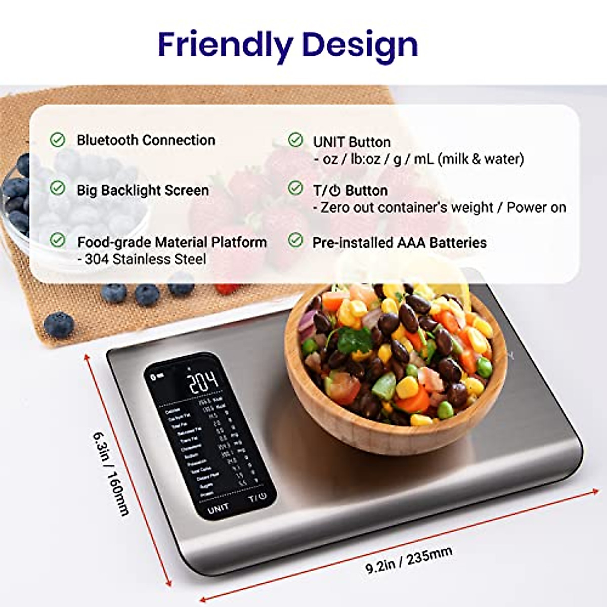 Etekcity Food Kitchen Scale, Digital Grams and Ounces for Weight Loss With Smart Nutrition App, 19 Facts Tracking, Baking, Cooking, Portion Control, Macro, Keto, 11 Pounds-Large, Stainless Steel