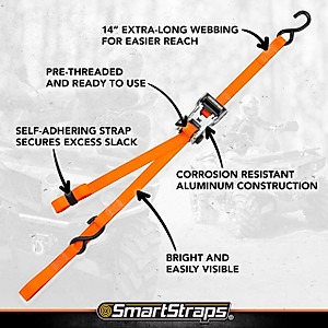 SmartStraps 14’ Premium Ratchet Straps, 4 Pack – 3,000lbs Break Strength, 1,000lbs Safe Work Load – Haul Heavy-Duty Loads Such As Boats and Appliances
