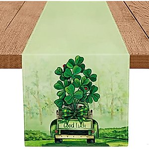 St Patricks Day Table Runner Shamrock Good Luck Truck Green Burlap Spring Holiday Kitchen Dining Banquet Indoor Outdoor Decorations Family Party Decor 13 x 72 Inch