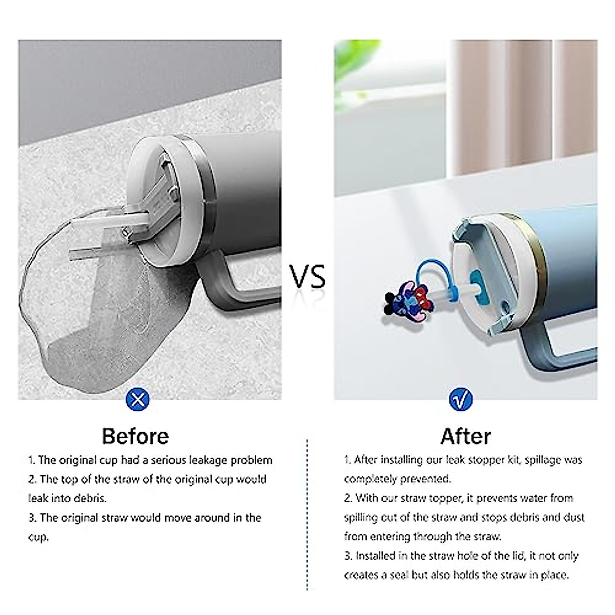 Silicone Spill Proof Stopper Set of 6+ 2 cartoon straw caps，Compatible with Stanley 1.0/30&40 Oz Tumbler with Handle,Silicone Straw Topper for Stanley Cups Accessories (Blue)