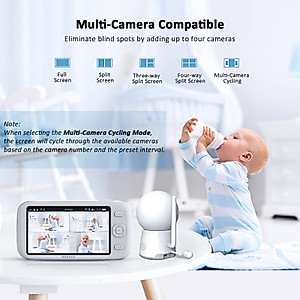 NexiGo Video Baby Monitor with Camera and Audio, 5 Inch Split IPS Screen, Support Up to 4 Cameras, 2-Way Audio, Pan-Tilt-Zoom, 4800mAh Battery, Temperature Detection, Night Vision, Lullaby (White)