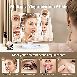 Makeup Mirror Vanity Mirror with Lights, 2X 3X 10X Magnification, Lighted Makeup Mirror, Touch Control, Trifold Makeup Mirror, Dual Power Supply, Portable LED Makeup Mirror, Women Gift (White+10X)