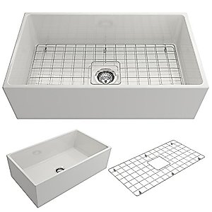 BOCCHI Contempo Farmhouse Apron Front Fireclay 33 in. Single Bowl Kitchen Sink with Protective Bottom Grid and Strainer in White
