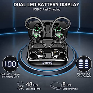 Wireless Earbud Bluetooth 5.3 Headphones Sport Earphones in Ear 48H Playback Stereo Noise Cancelling Earbud with Dual Mic LED Display, Over-Ear Earhooks Ear Buds IP7 Waterproof Headset for Running Gym